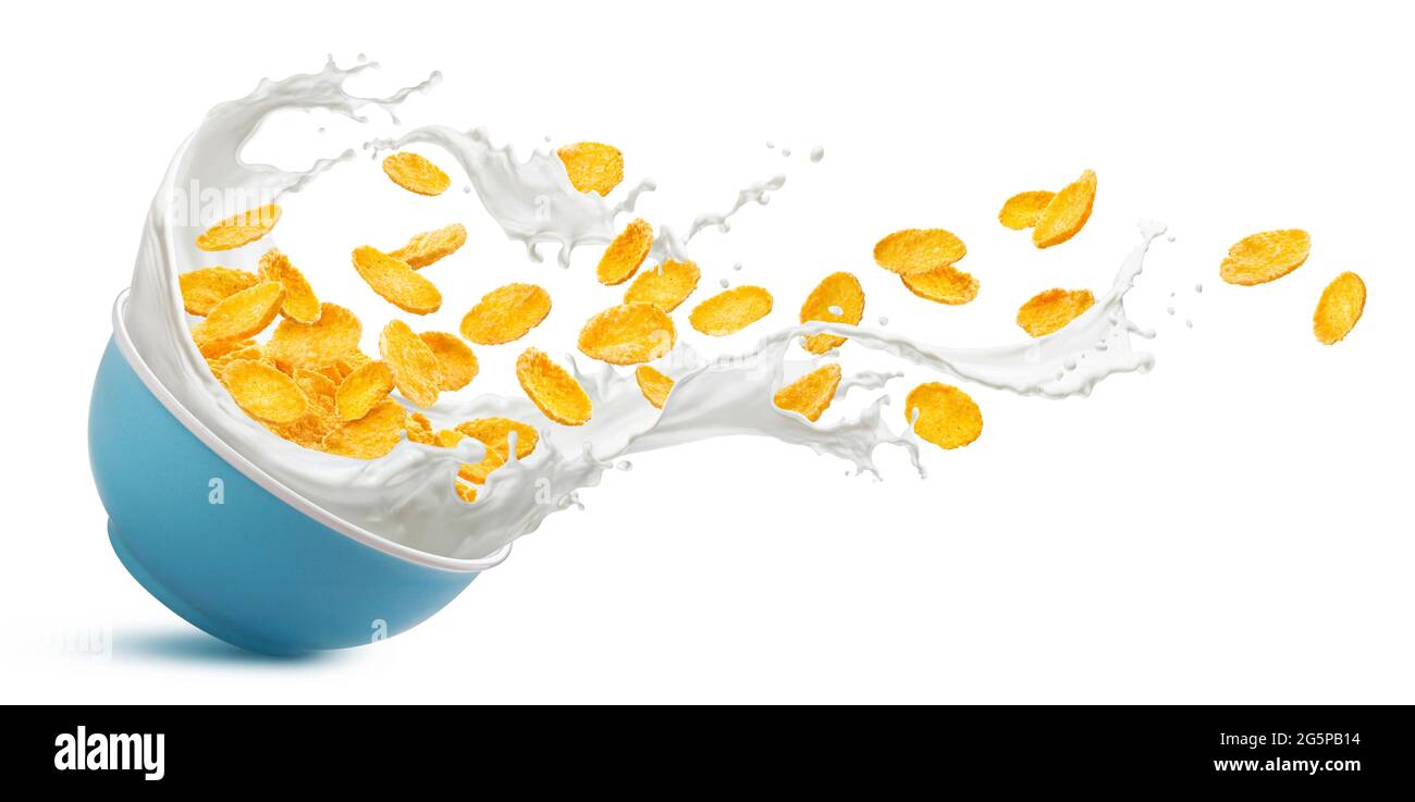 Bowl of corn flakes with milk splash isolated on white background Stock ...