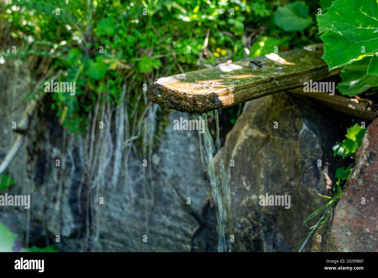 Drinking water fountain made of wood with fresh spring water in a ...
