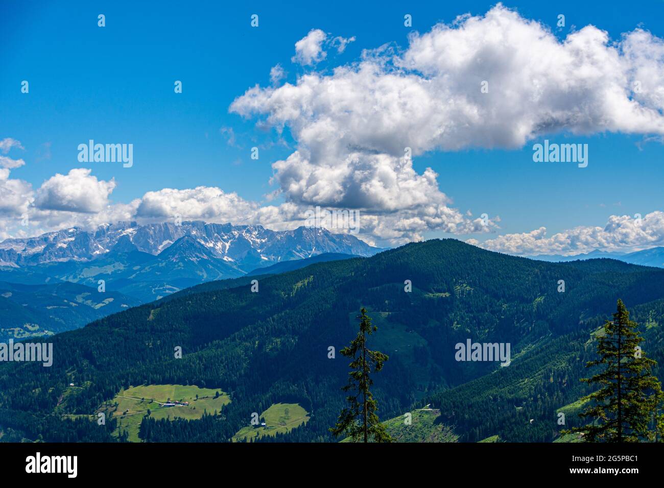 Panoramic view over the Austrian Alps with a hiking trail, trees, and a ...