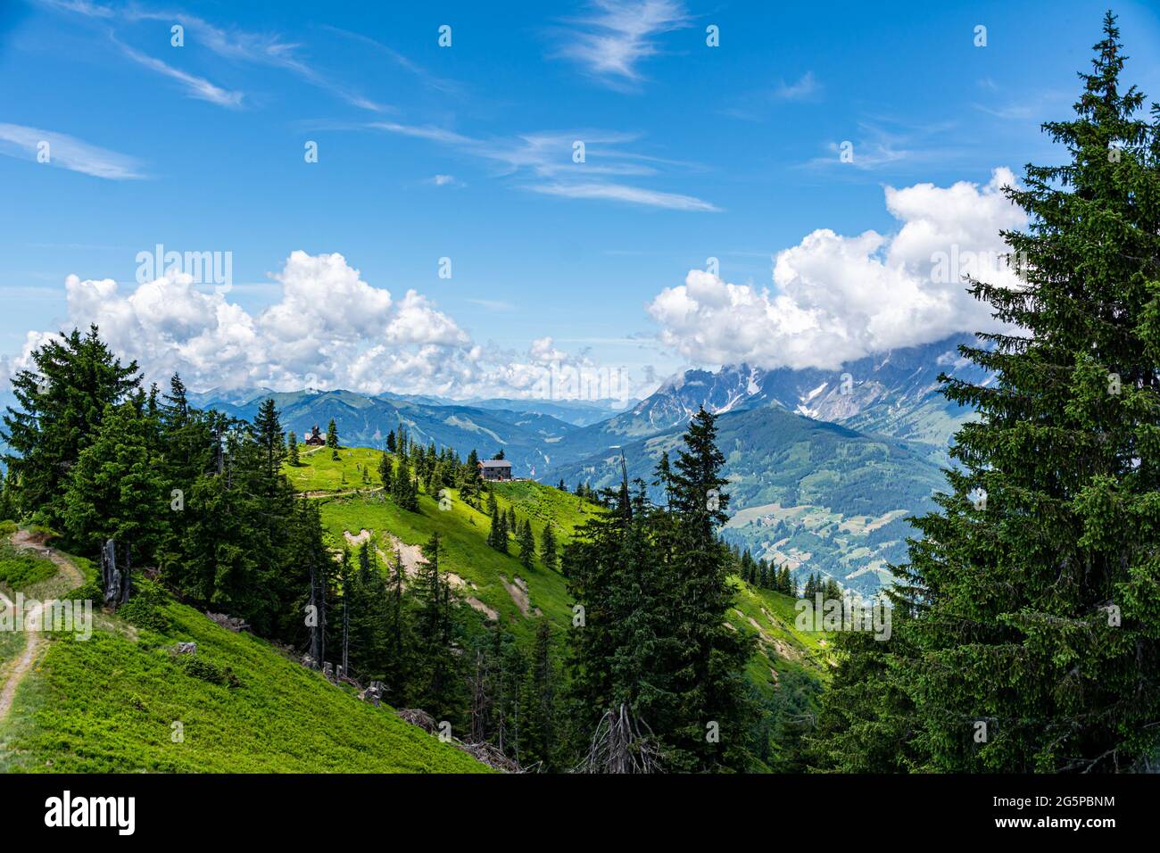 Panoramic view over the Austrian Alps with a hiking trail, trees, and a ...