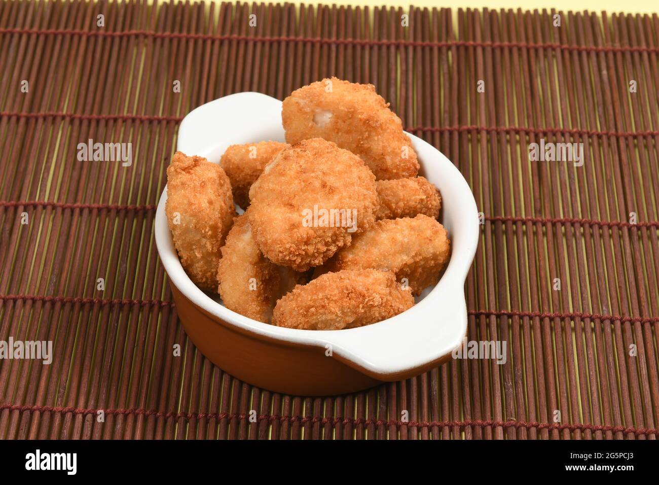 A portion of breaded and crispy chicken in a white ceramic bowl. Quick ...
