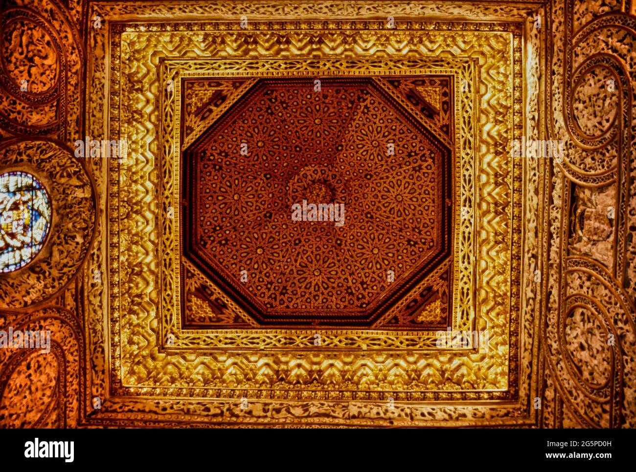 Colourful Mudejar ceiling in the throne room of The Alcazar, Segovia ...