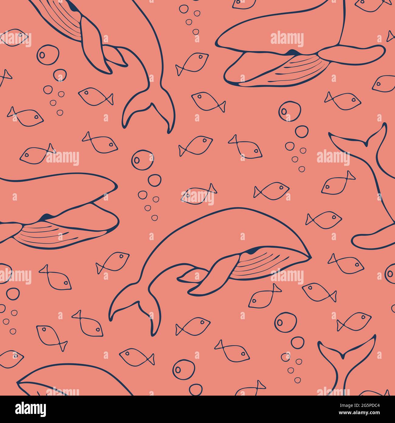 Seamless vector pattern with whales and fishes on pink background. Cute ...