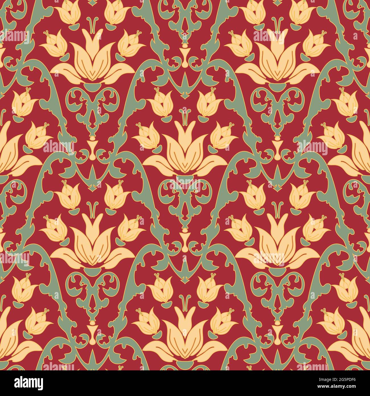 Seamless vintage wallpaper design with white lilies on dark red background. Floral repeat vector ...