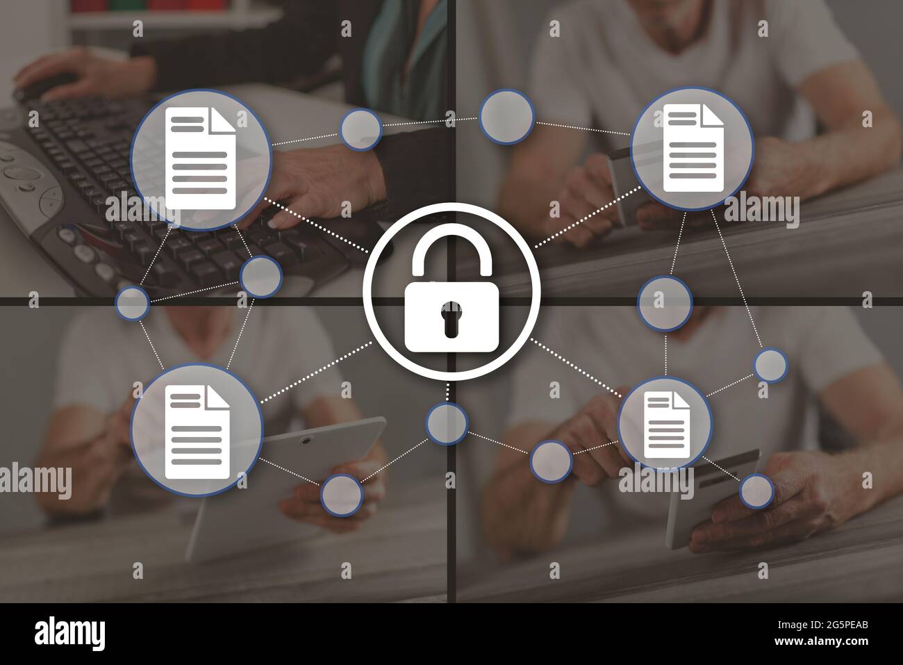 Data protection concept illustrated by pictures on background Stock ...