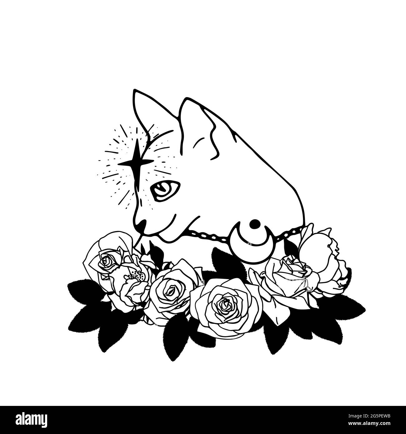 Monochrome line art illustration of hand drawn mystical cat. Witch pet ...