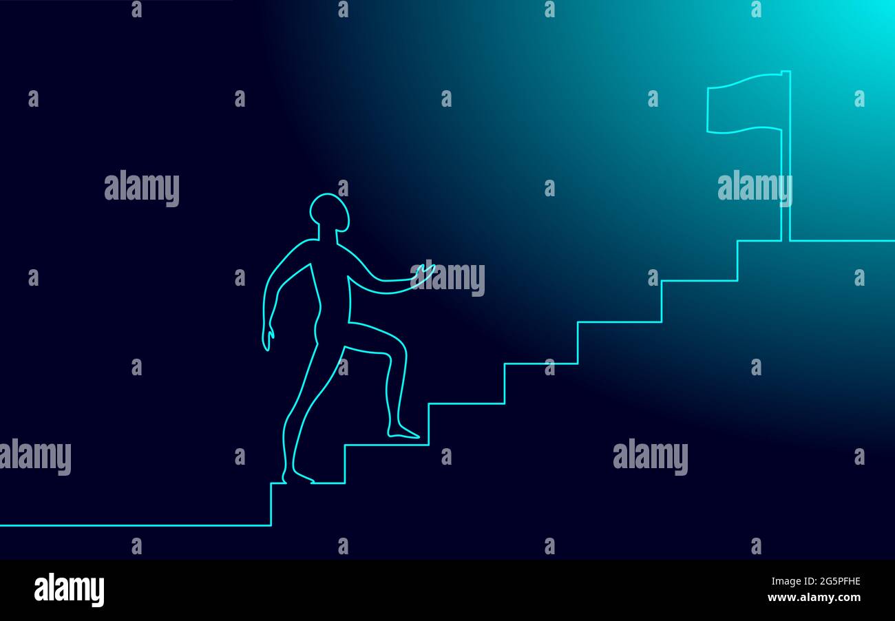 One line art man step up stairs. Road to success teamwork career ...