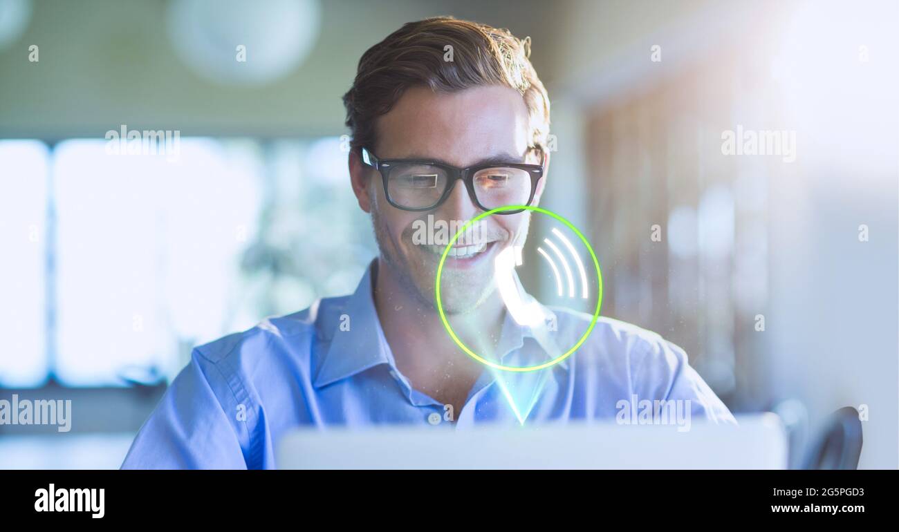 Composition of scope scanning over smiling businessman Stock Photo - Alamy