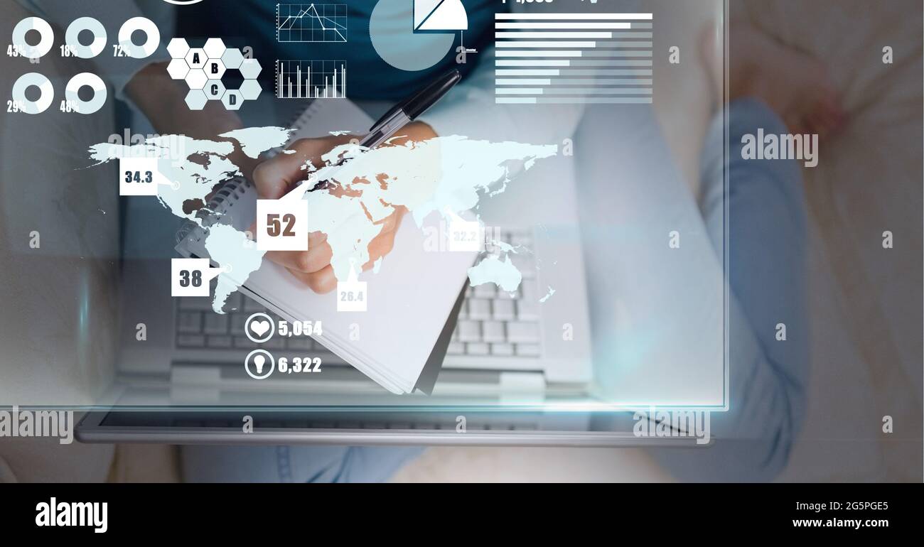 Composition of screen with digital data processing over woman writing ...