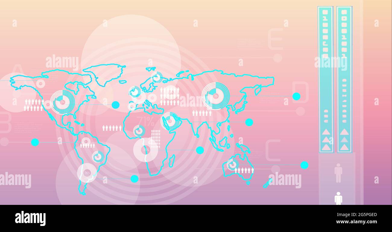 Composition of interactive screen with world map and network of icons ...