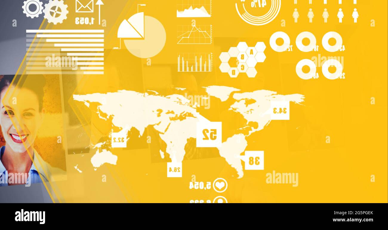 Composition of interactive screen with photos and data processing Stock ...