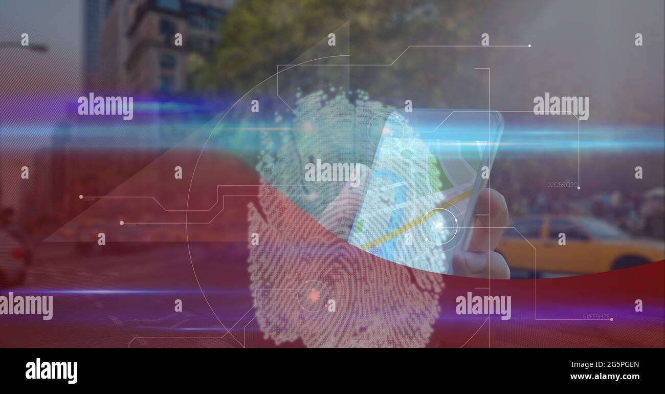 Composition Of Businessman Touching Interactive Screen With Biometric Data Processing Stock