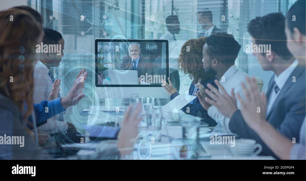 Composition of network of digital screens over people clapping in ...