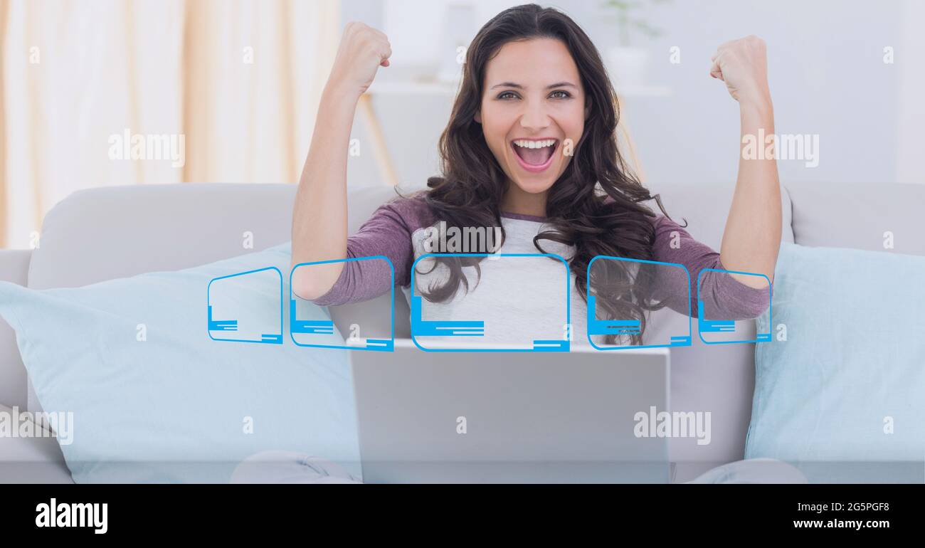 Composition of digital screens over woman celebrating using laptop ...