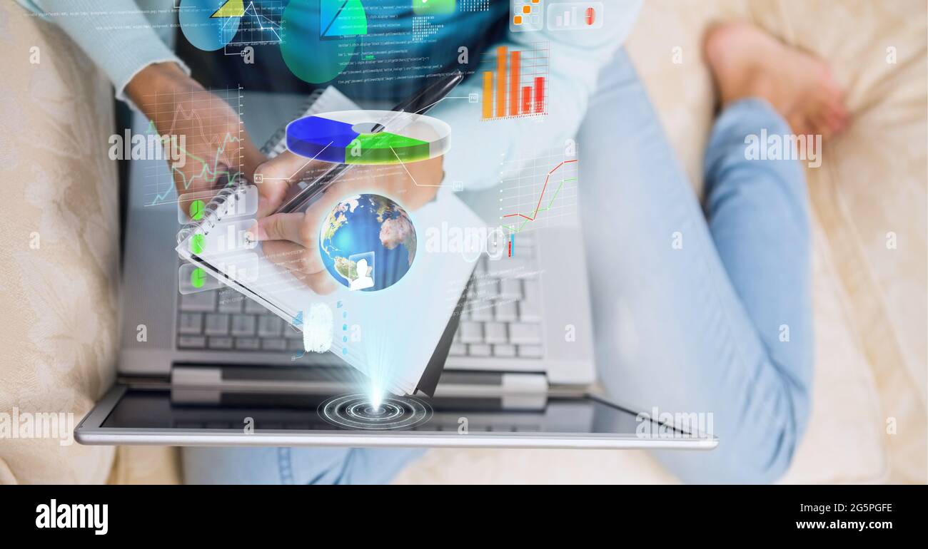 Composition of screen with digital data processing over woman writing ...