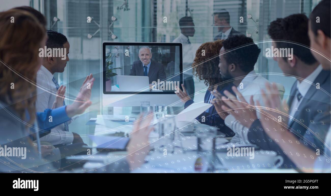 Composition of network of digital screens over people clapping in ...