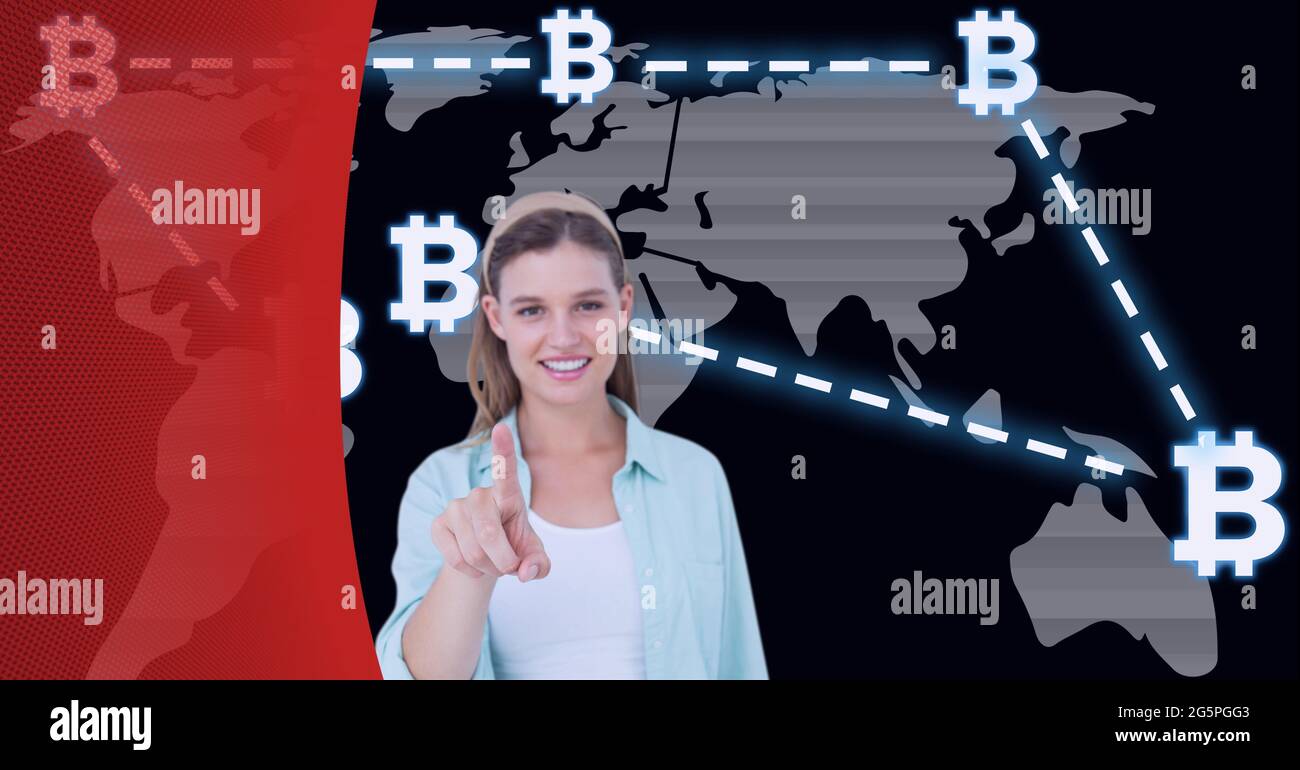 Composition of woman touching interactive screen with bitcoin symbols and world map Stock Photo ...