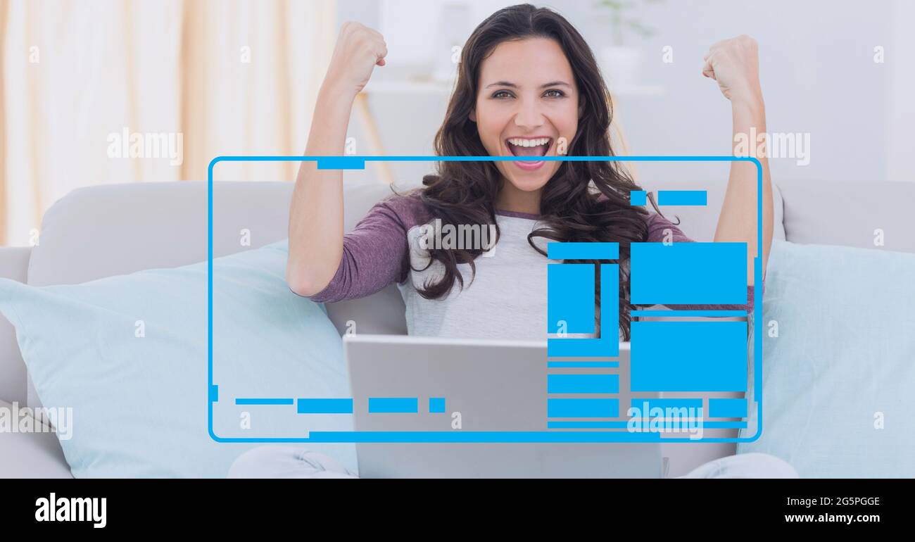 Composition of digital screen over woman celebrating using laptop Stock ...