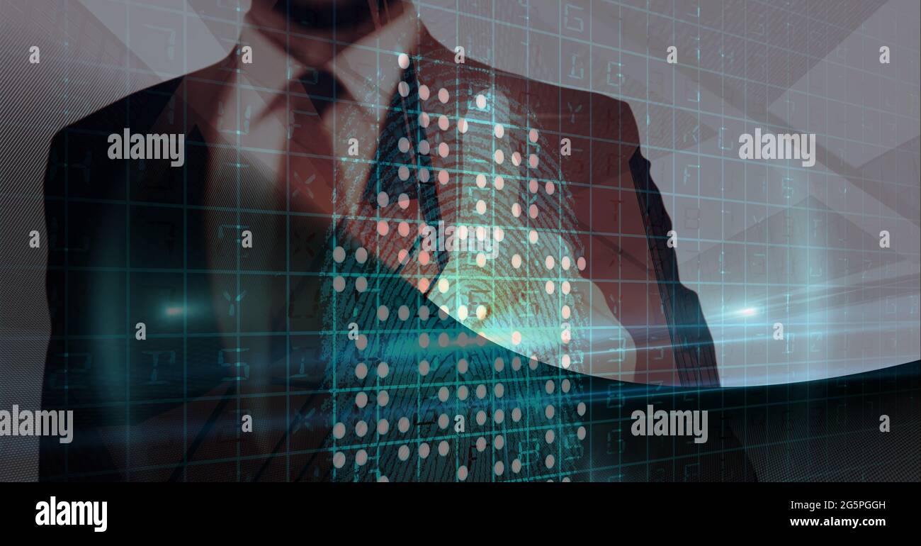 Composition of businessman touching interactive screen with biometric data processing Stock ...