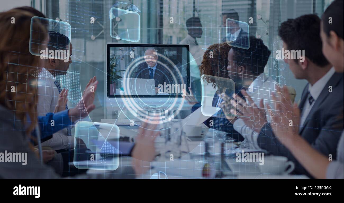 Composition of network of digital screens over people clapping in ...