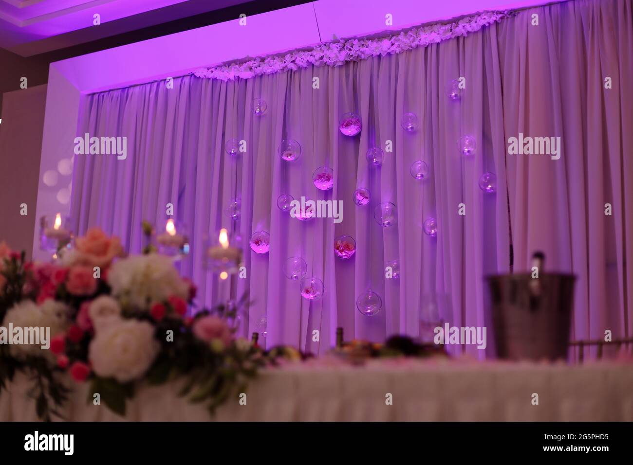 Festive decor of room for wedding. Luxurious floral arrangements ...