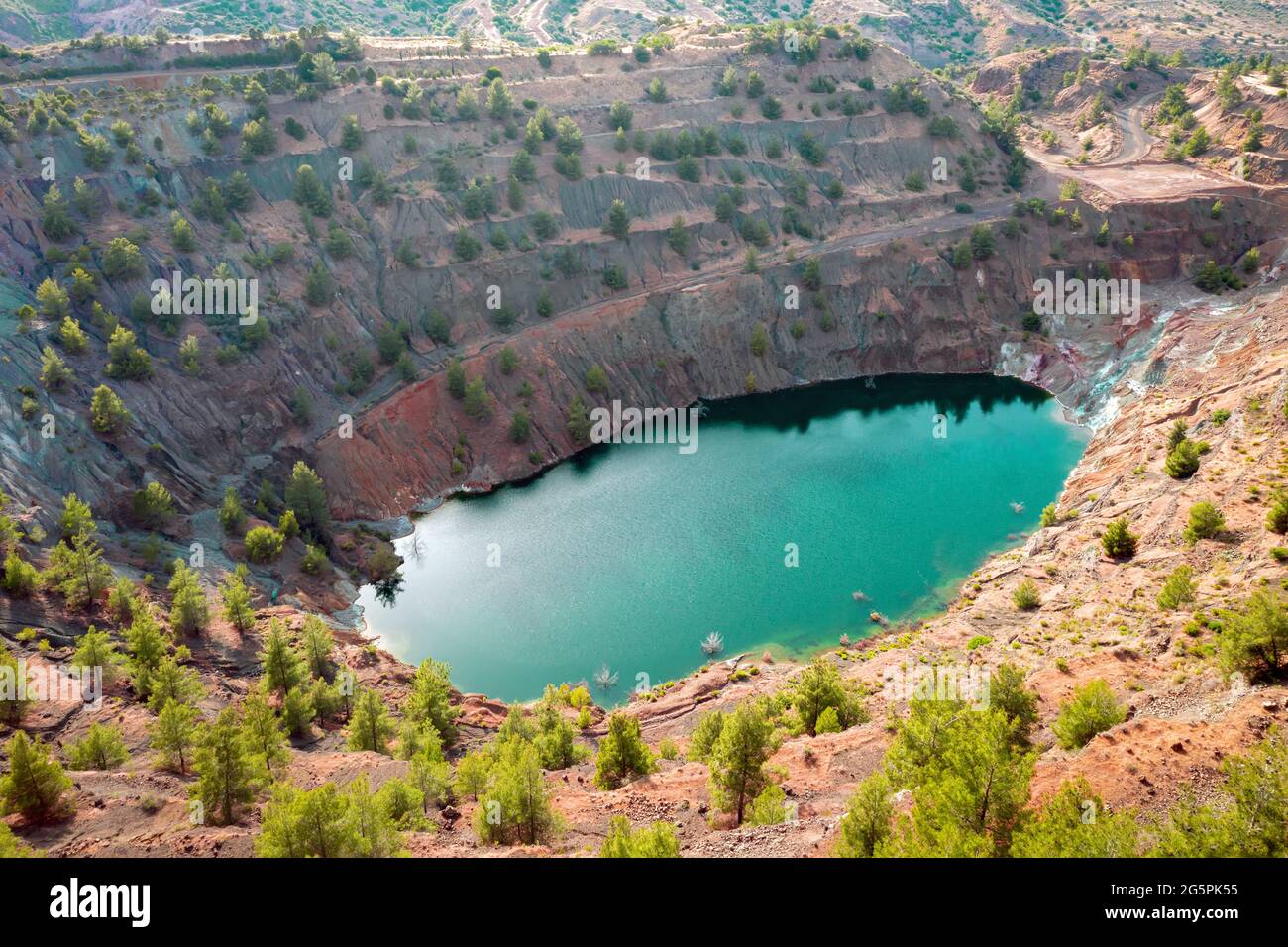 Toxic lake in open pit of abandoned Apliki copper mine, Cyprus Stock ...