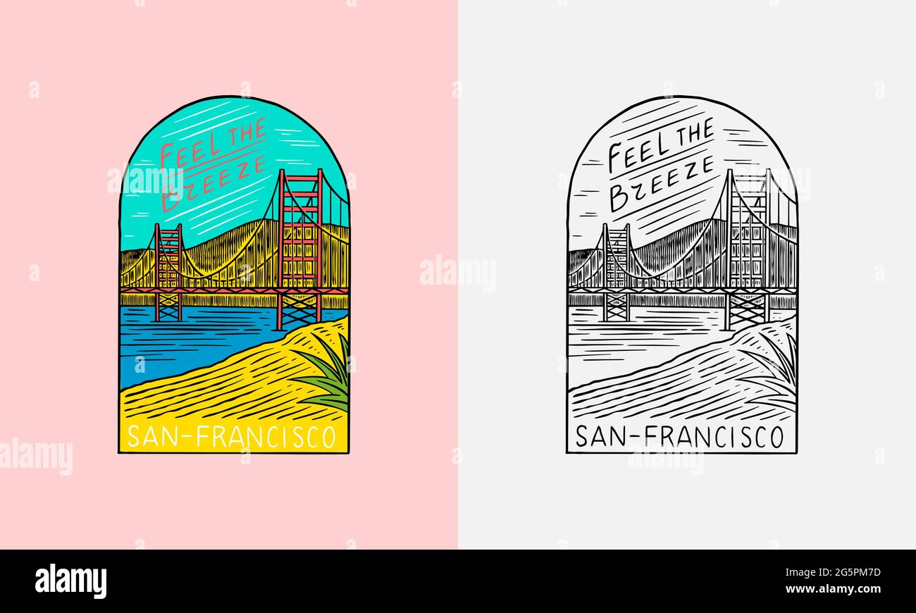 San Francisco landscape emblem. Summer Surf logo. Red bridge and blue ...