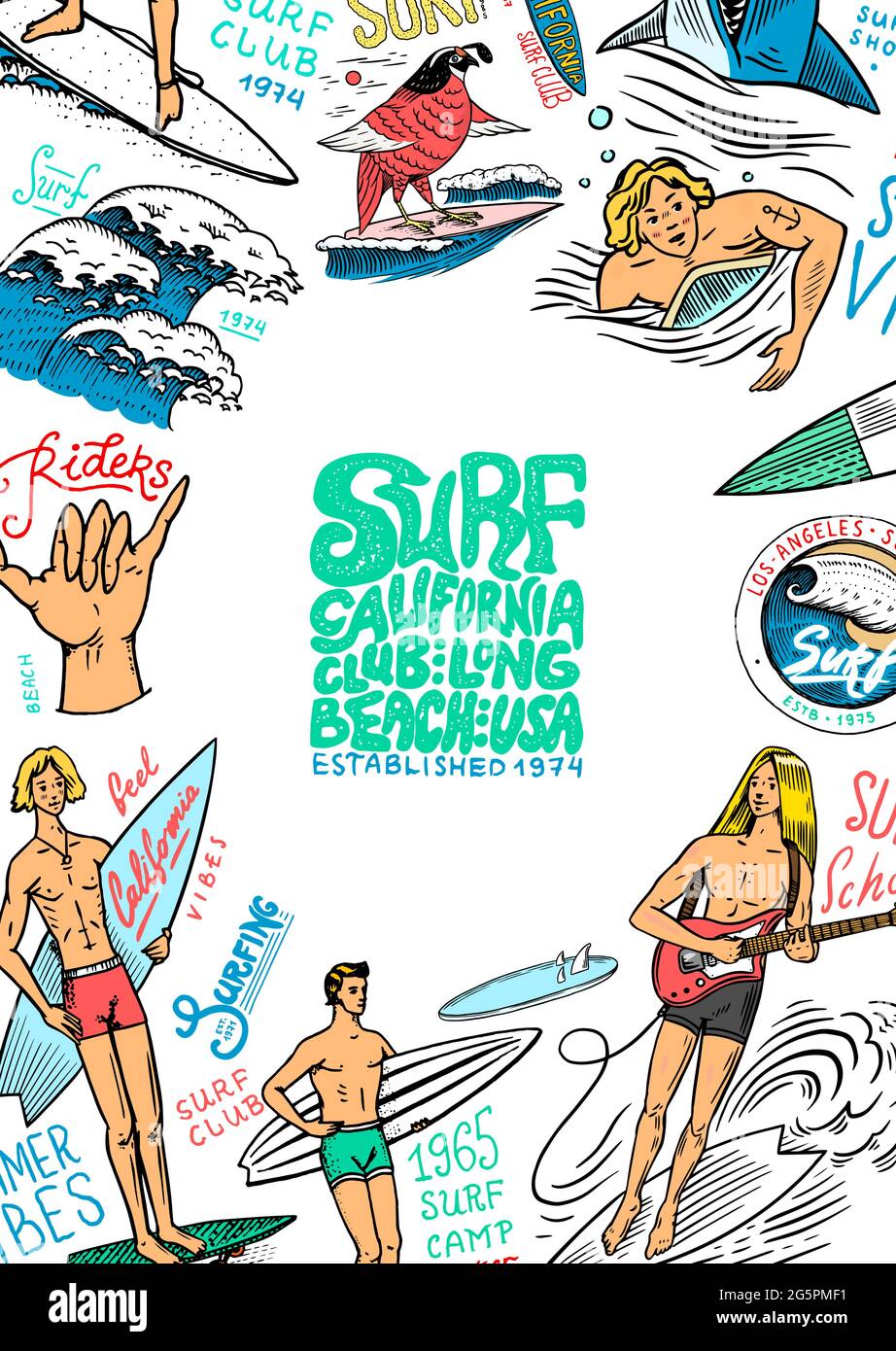 Surf poster. Vintage Surfer banner. Retro Wave and palm. Summer ...