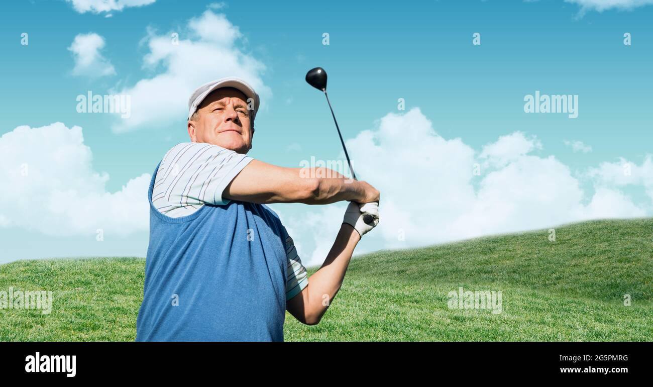 Composition of senior male golf player playing golf outdoors Stock ...