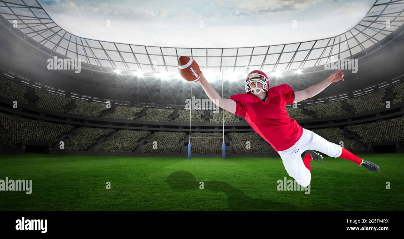 Composition of male american football player catching ball at stadium ...
