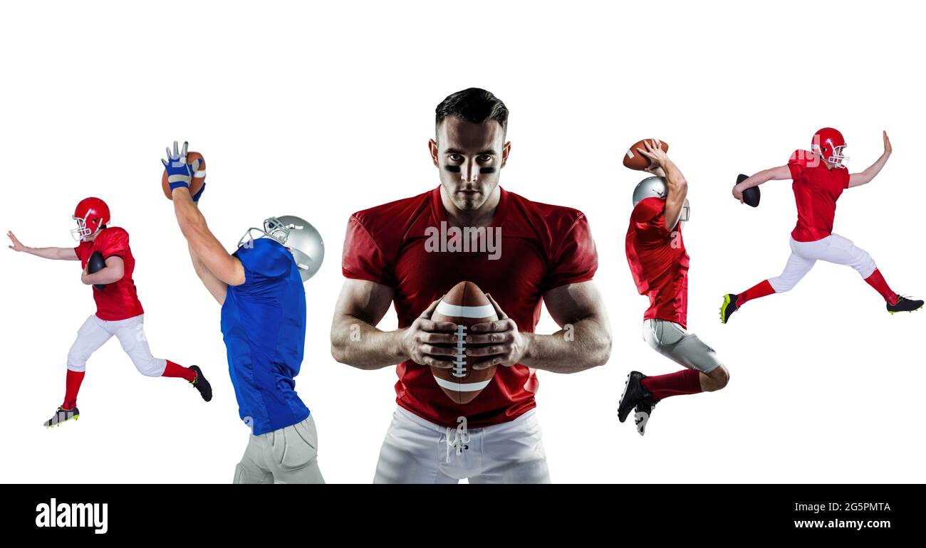 Composition of group of male american football players on white ...