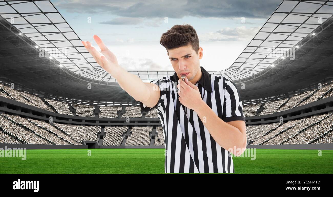 Composition of male referee with whistle at football stadium Stock ...