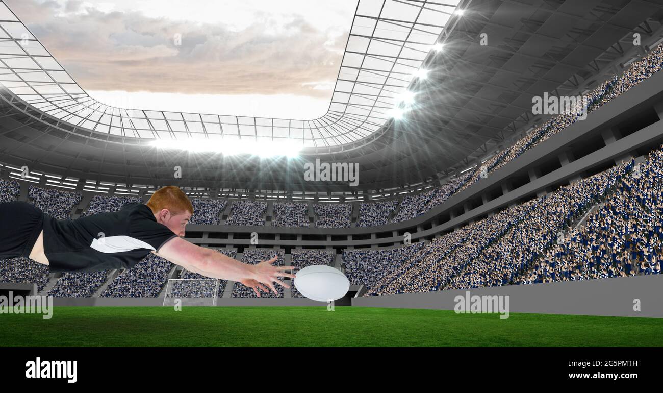 Composition of male rugby player catching ball at stadium Stock Photo ...