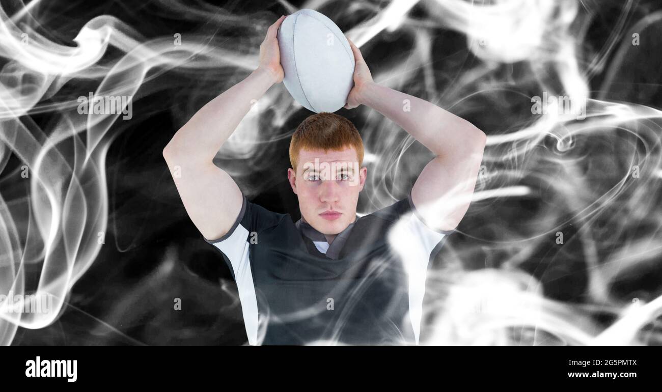 Composition of male rugby player throwing ball on black background ...