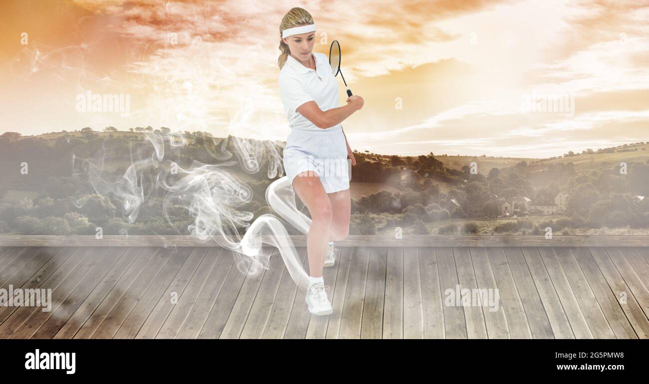 Composition of female tennis player holding tennis racket outdoors ...