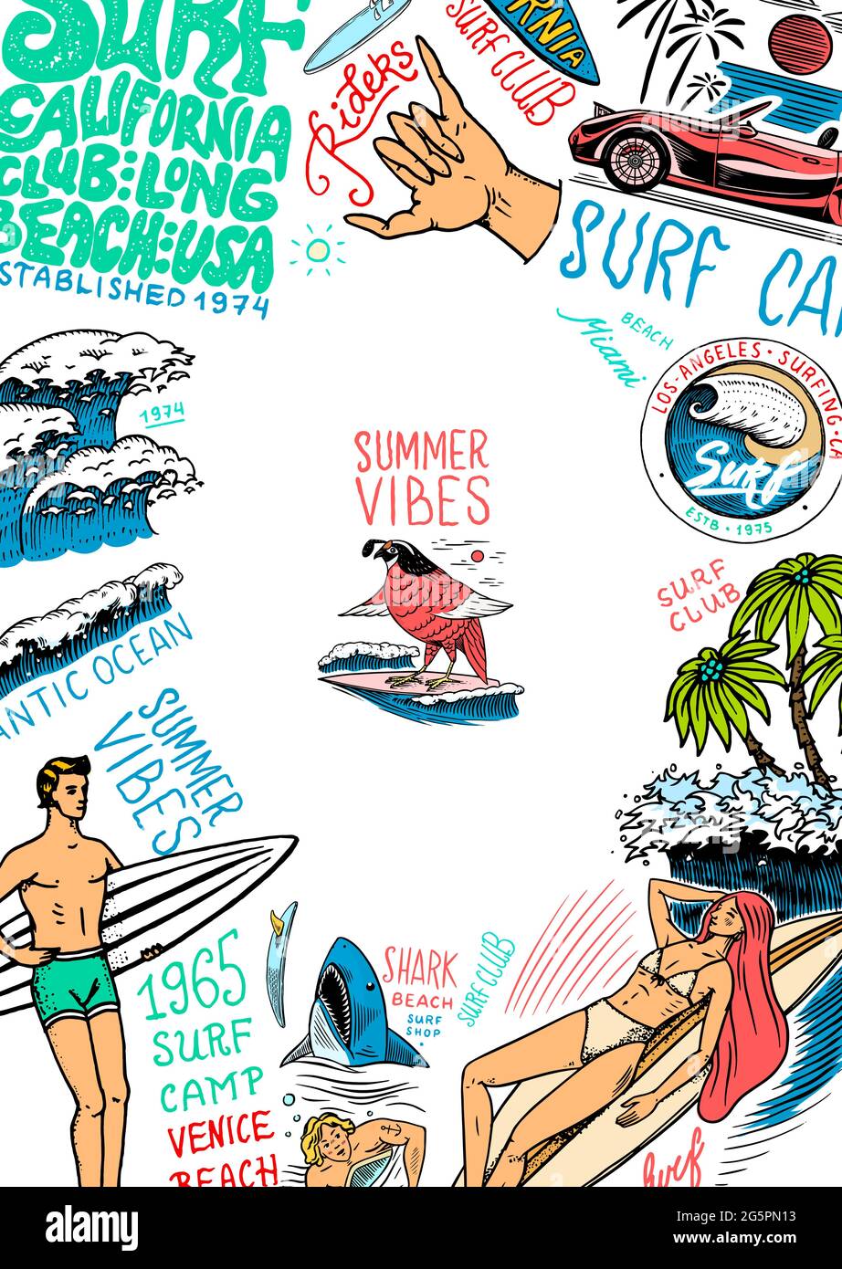 Surf poster. Vintage Surfer banner. Retro Wave and palm. Summer ...