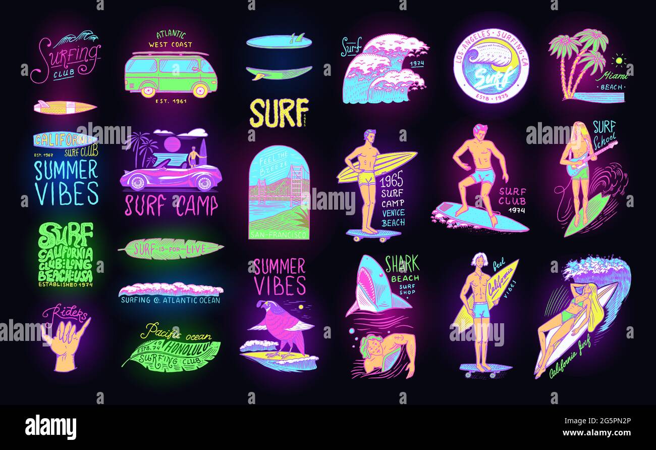 Summer Surf signs. Fashion neon Surfer banner. Retro Wave and palm ...
