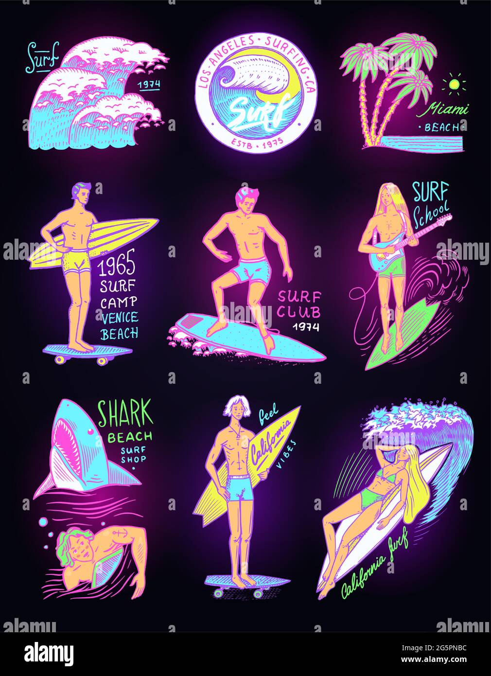 Summer Surf signs. Fashion neon Surfer banner. Retro Wave and palm ...