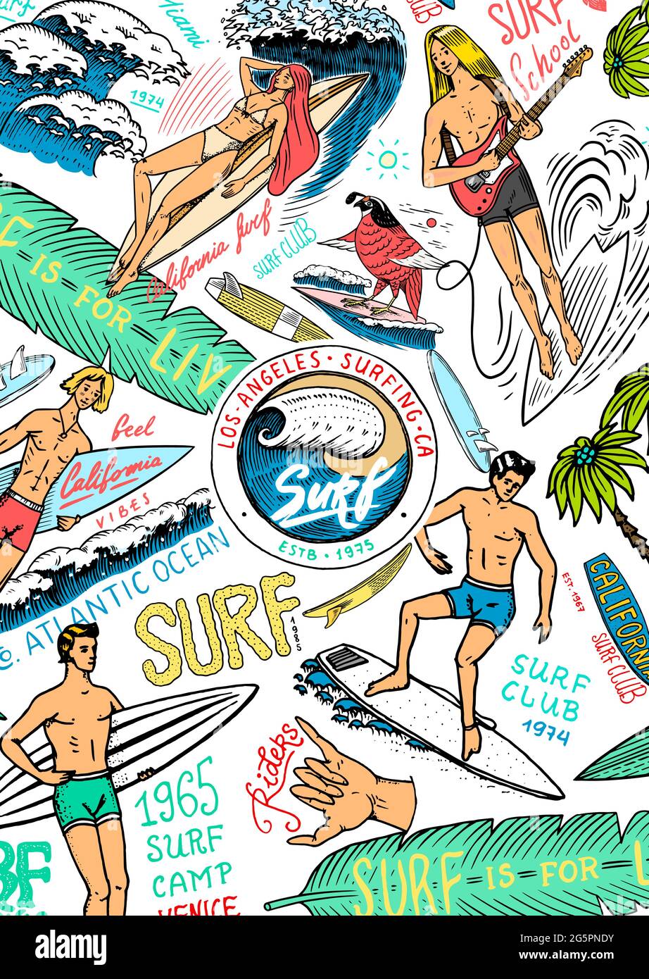 Surf poster. Vintage Surfer banner. Retro Wave and palm. Summer ...