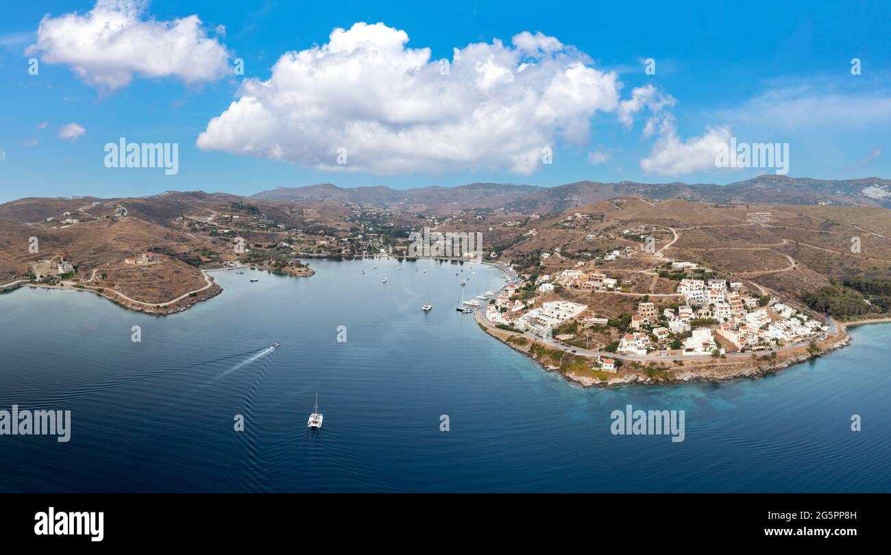 Kea Tzia island. Greece, Cyclades. Drone, aerial view Vourkari marina ...