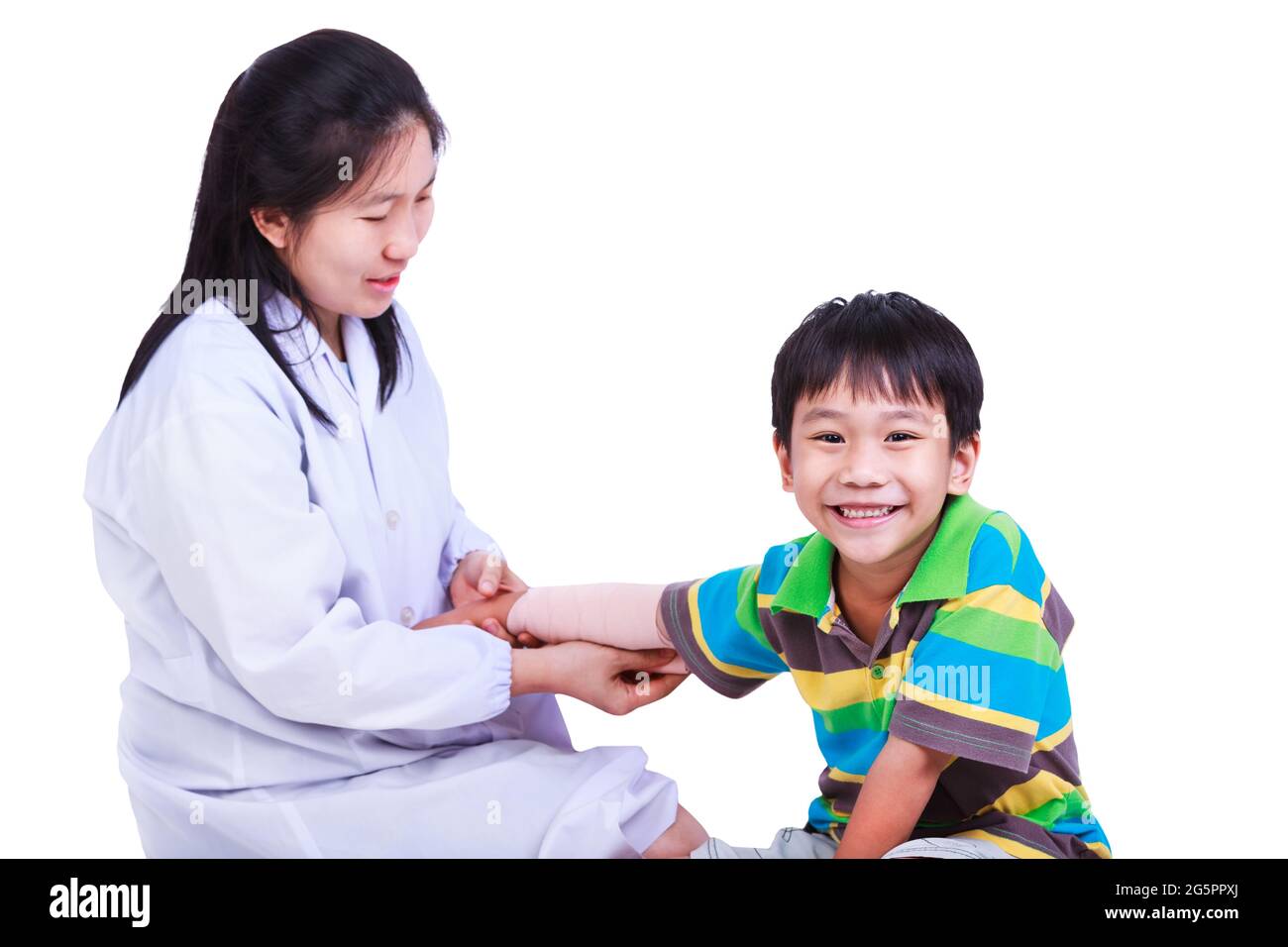 Concept photo of children health and medical care. Doctor give first ...