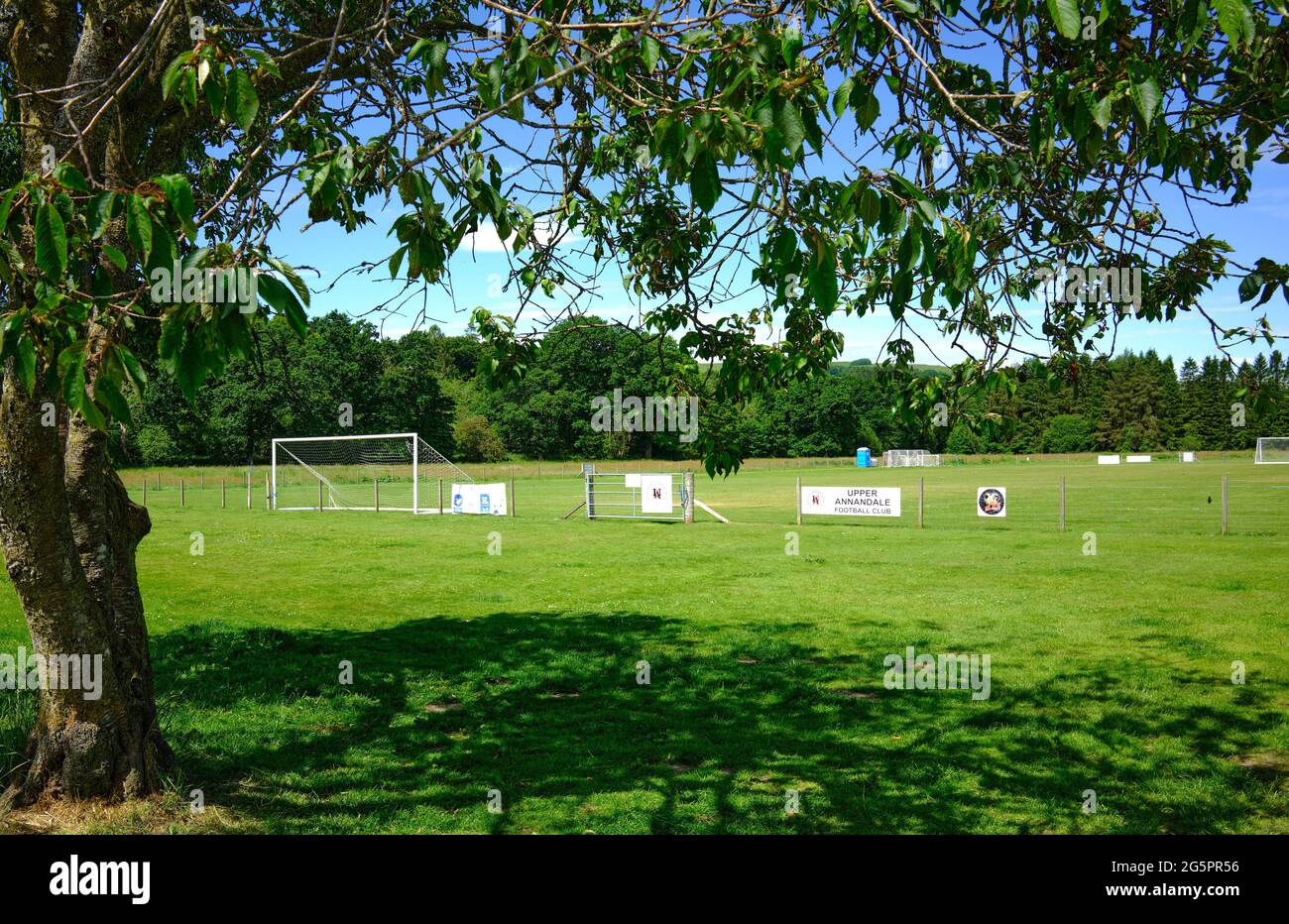 Under a blue sky, Upper Annandale football club pitch in Moffat Stock ...