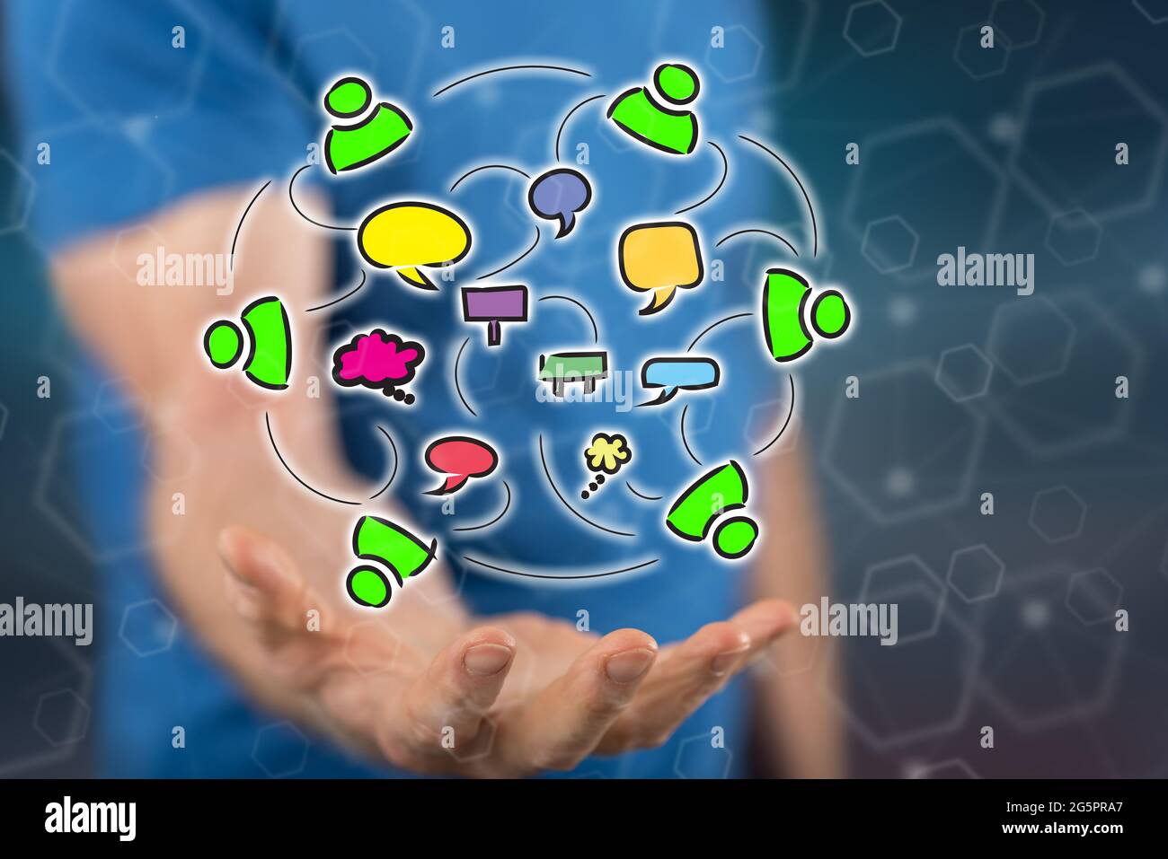 Communication concept above the hand of a man in background Stock Photo ...