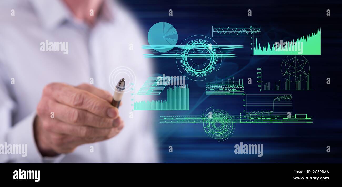 Man touching a digital analytics concept on a touch screen with a pen ...