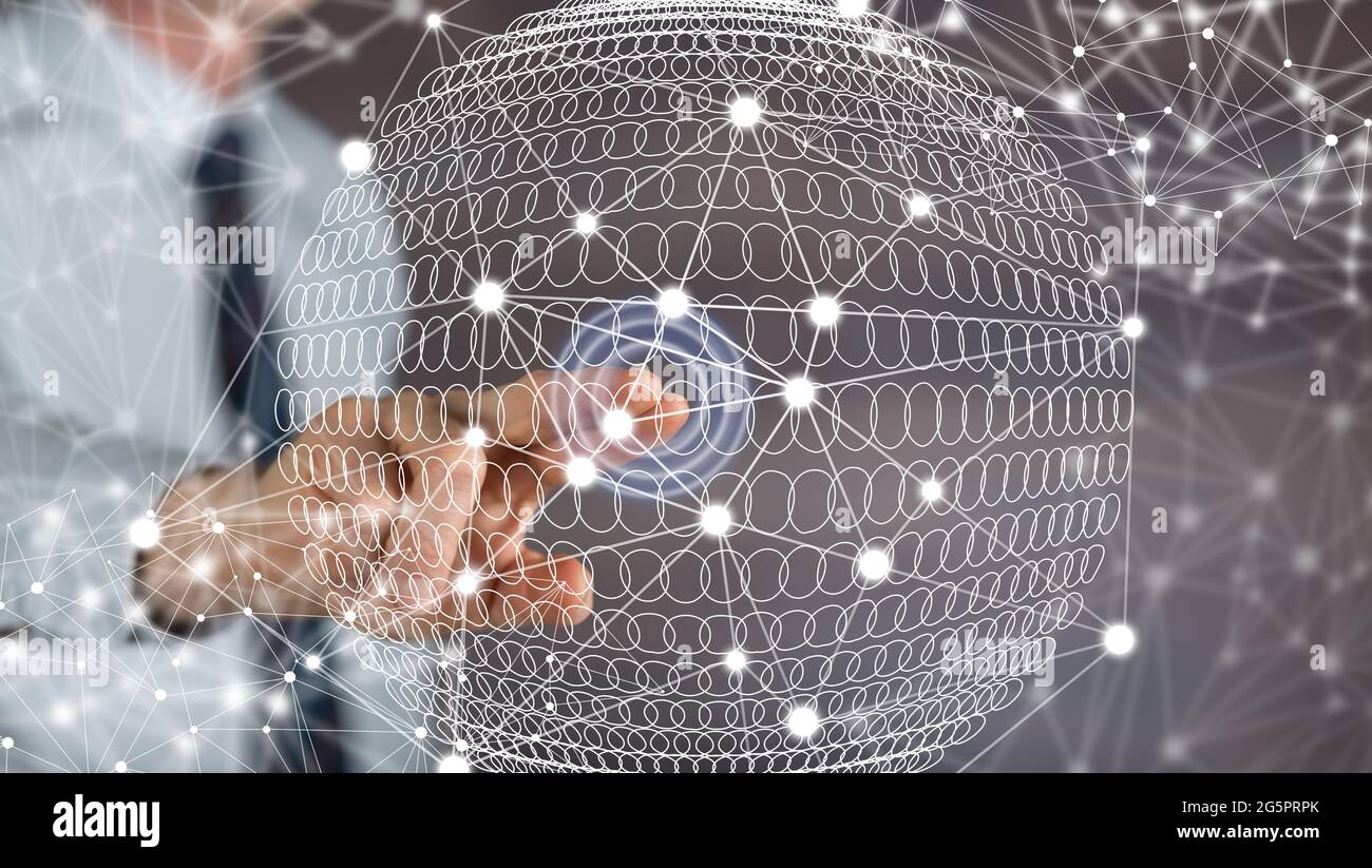 Man touching a global connection concept on a touch screen with his ...
