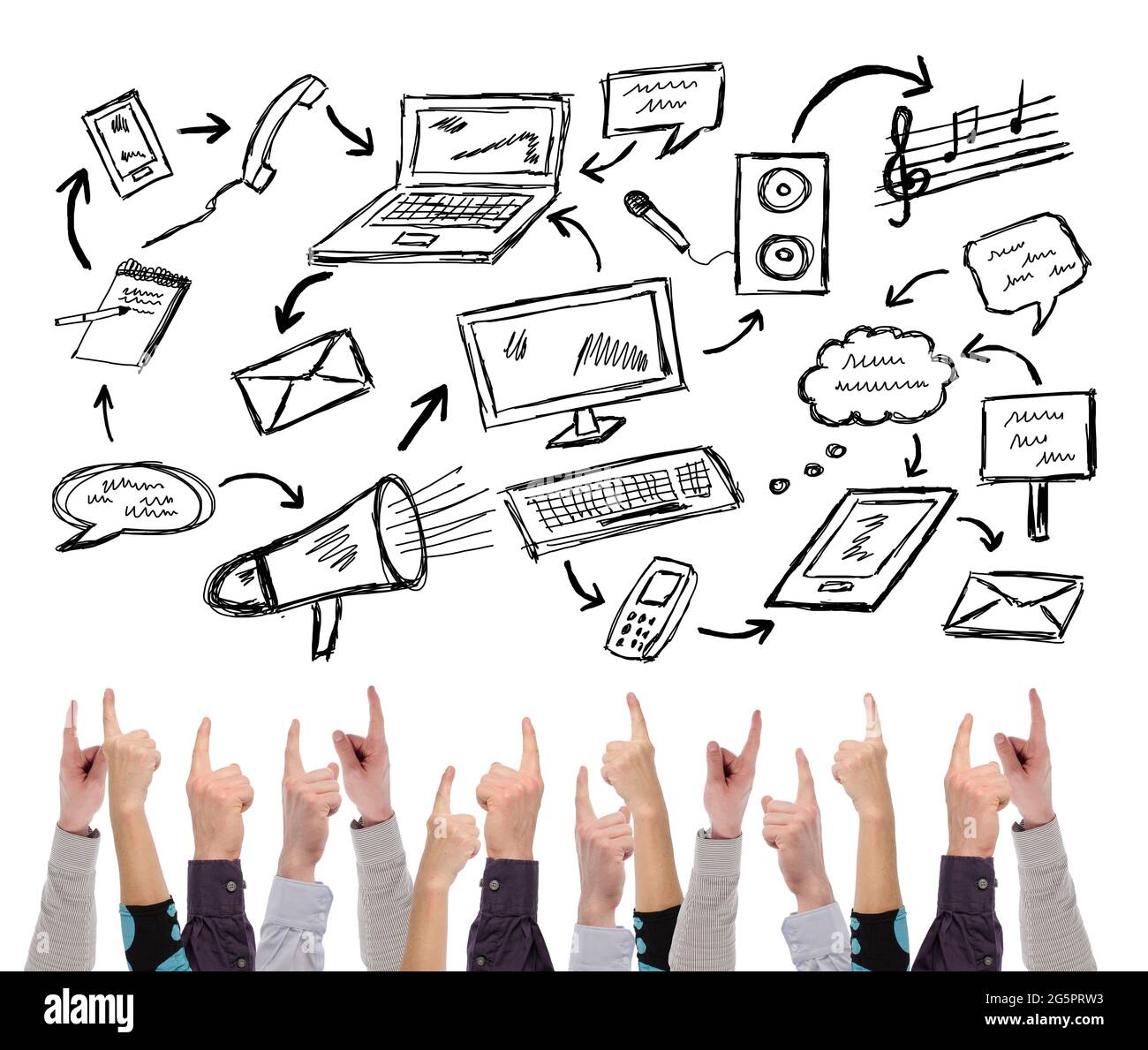 Communication concept on white background pointed by several fingers ...