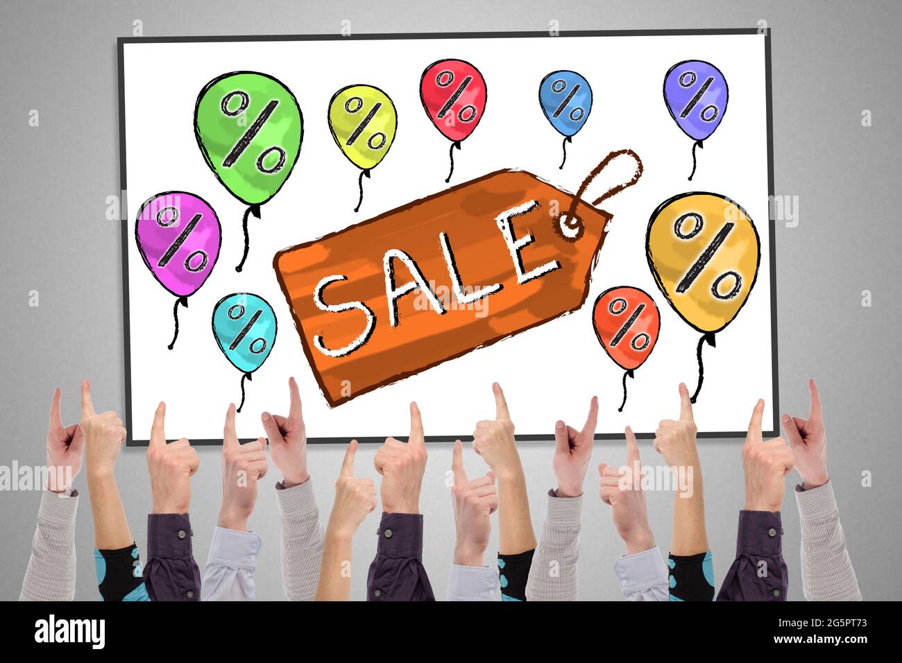 Sale concept on a whiteboard pointed by several fingers Stock Photo - Alamy