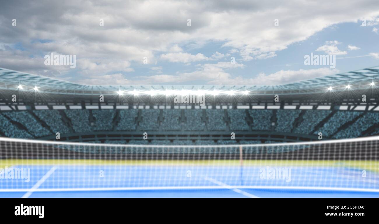 Composition of empty tennis court at stadium with blue sky and clouds ...
