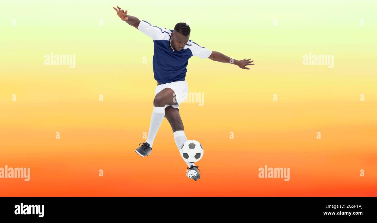 Composition of male football player playing football with copy space ...