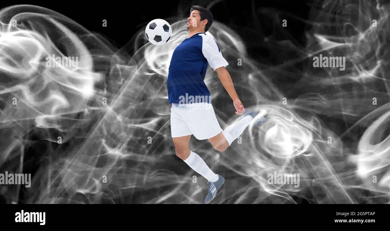 Composition of male football player with football on black background ...